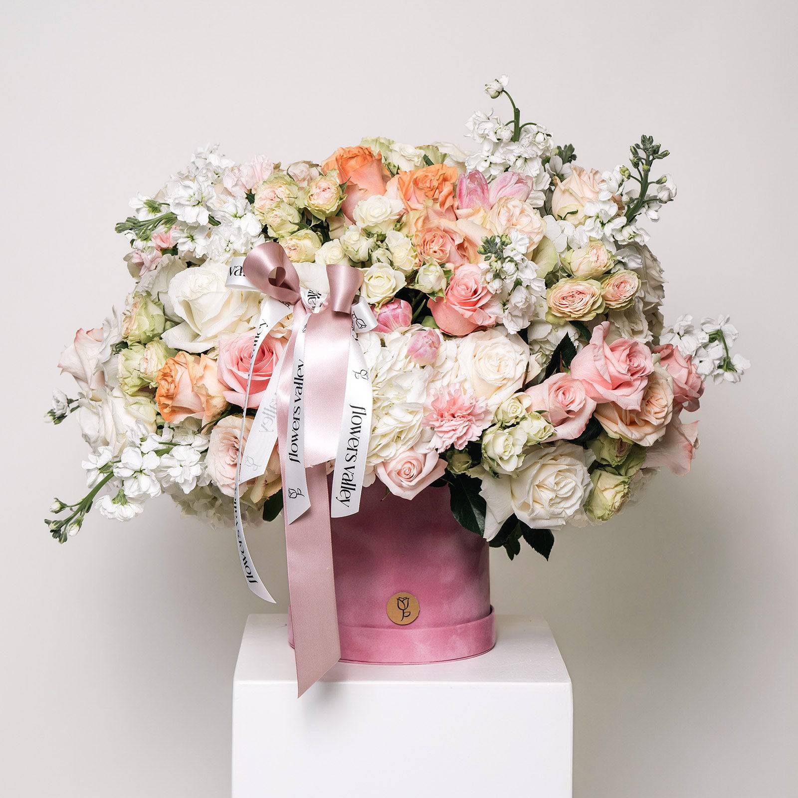 Whispering Petals – Champagne Rose & Pastel Hatbox Bouquet – Flowers ...