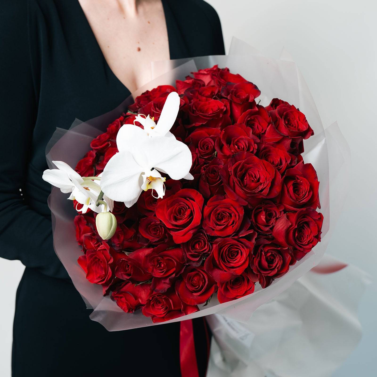 Orchid Embrace – Red Rose Bouquet with White Orchid Accent – Flowers ...